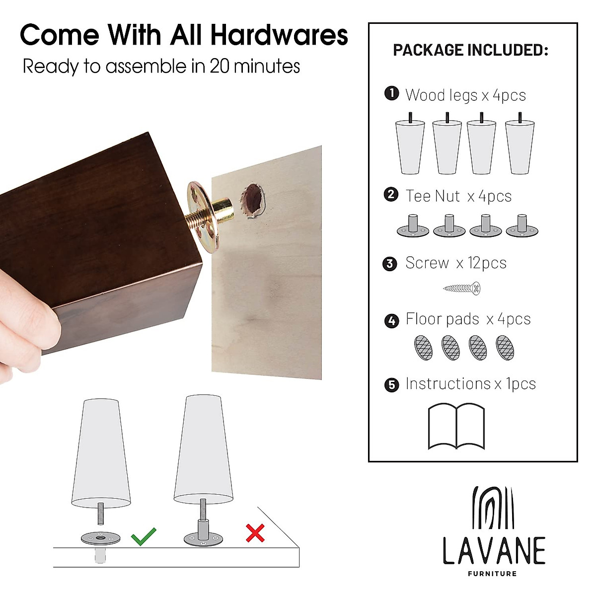 La Vane 6 inch / 15cm Wooden Furniture Legs, Set of 4 Walnut Solid Wood Tapered M8 Furniture Replacement Feet with Pre-Drilled 5/16 Inch Bolt & Mounting Plate & Screws for Sofa Chair Couch Ottoman