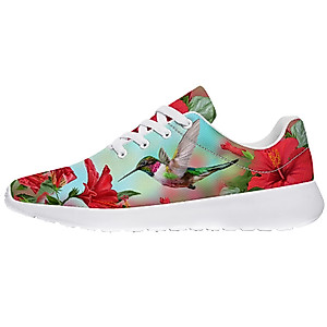 Hummingbird Shoes Girls Womens Running Shoes Tennis Walking Sneakers Red Tropical Flower Hibiscus Hummingbird Print Shoes Gifts for Friends,Size 3.5