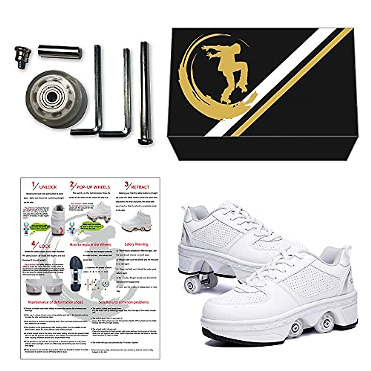 MLyzhe Deformation Roller Shoes Male and Female Skating Shoes Adult Children's Automatic Walking Shoes Invisible Pulley Shoes Skates with Double-Row Deform Wheel