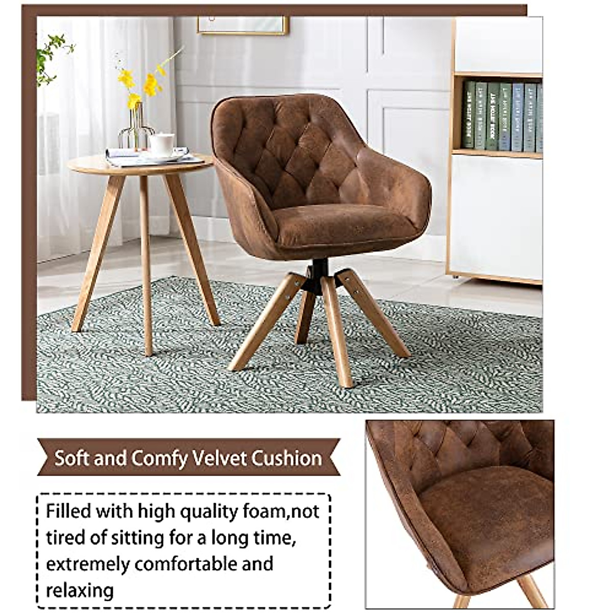 LoLado Swivel Accent Chair, Mid Century Modern Barrel Chair with Wood Legs, Velvet Armchair for Living Room Bedroom Small Spaces(Coffee)