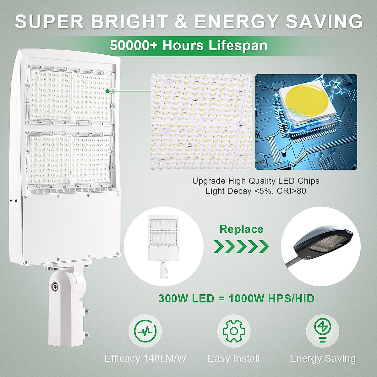300W LED Parking Lot Light, 42000LM(140LM/W) 5000K White LED Shoebox Area Light, 1-10V Dimmable Commercial Outdoor Street Pole Lighting, IP65 Waterproof 100-277VAC UL DLC Listed