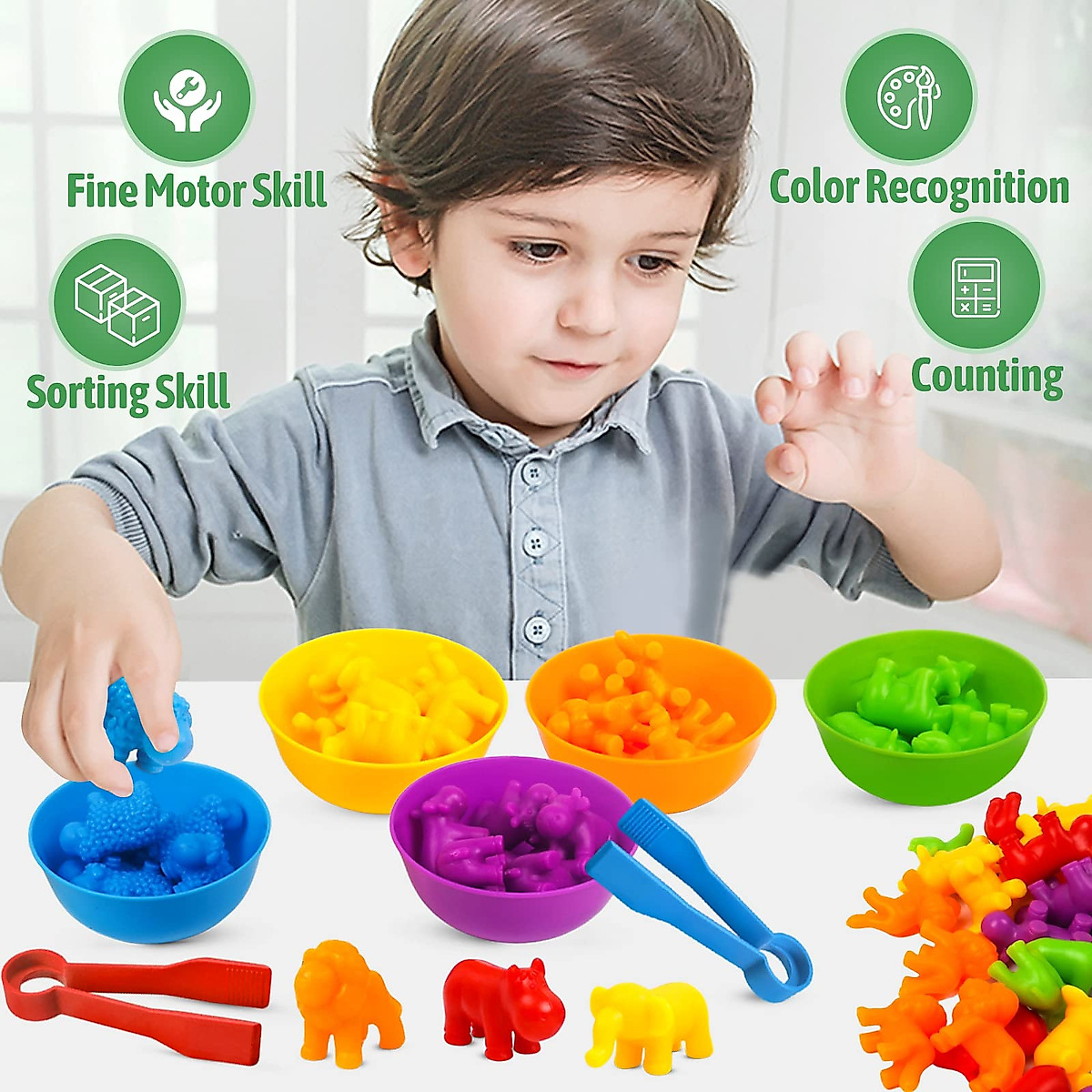 RAEQKS Counting Sorting Toys Matching Stacking Toys with Bowls Preschool Learning Activities Educational Sensory Game Montessori STEM Toy Daycare Sets Animals Gifts for Toddlers Kids Boys Girls