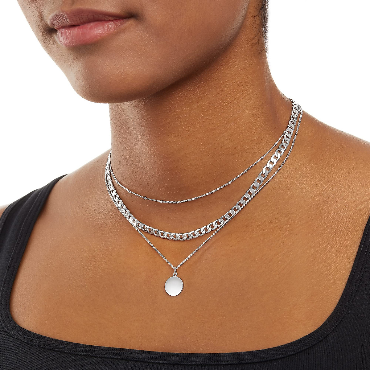 Amazon Essentials Sterling Silver Plated Polished Disc and Beaded Chain 2 Row Layer Necklace, Sterling Silver
