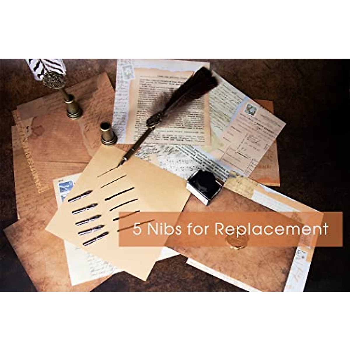 Jubapoz Feather Pen Calligraphy Pen and Ink Set Antique Platinum Quill Pens with Ink for Writing, Drawing, Signature, Wedding, Birthday Gifts, Retro Decor (Navy Blue+Golden)