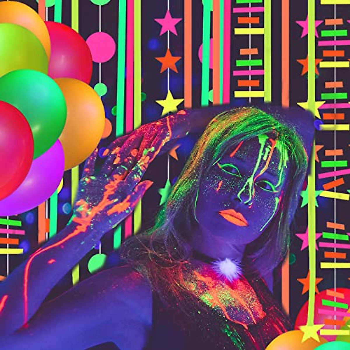 Neon party Supplies Neon Streamers Paper Glow Party Garland Hanging Decorations UV Neon Glow Balloons for Birthday, Christmas, Wedding, Black Light Party Supplies