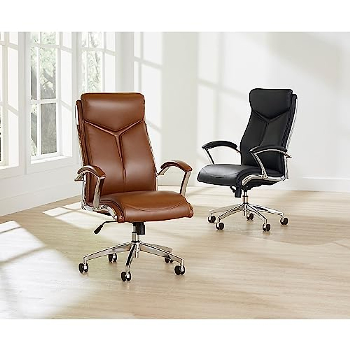 Realspace® Modern Comfort Verismo Bonded Leather High-Back Executive Chair, Brown/Chrome, BIFMA Certified