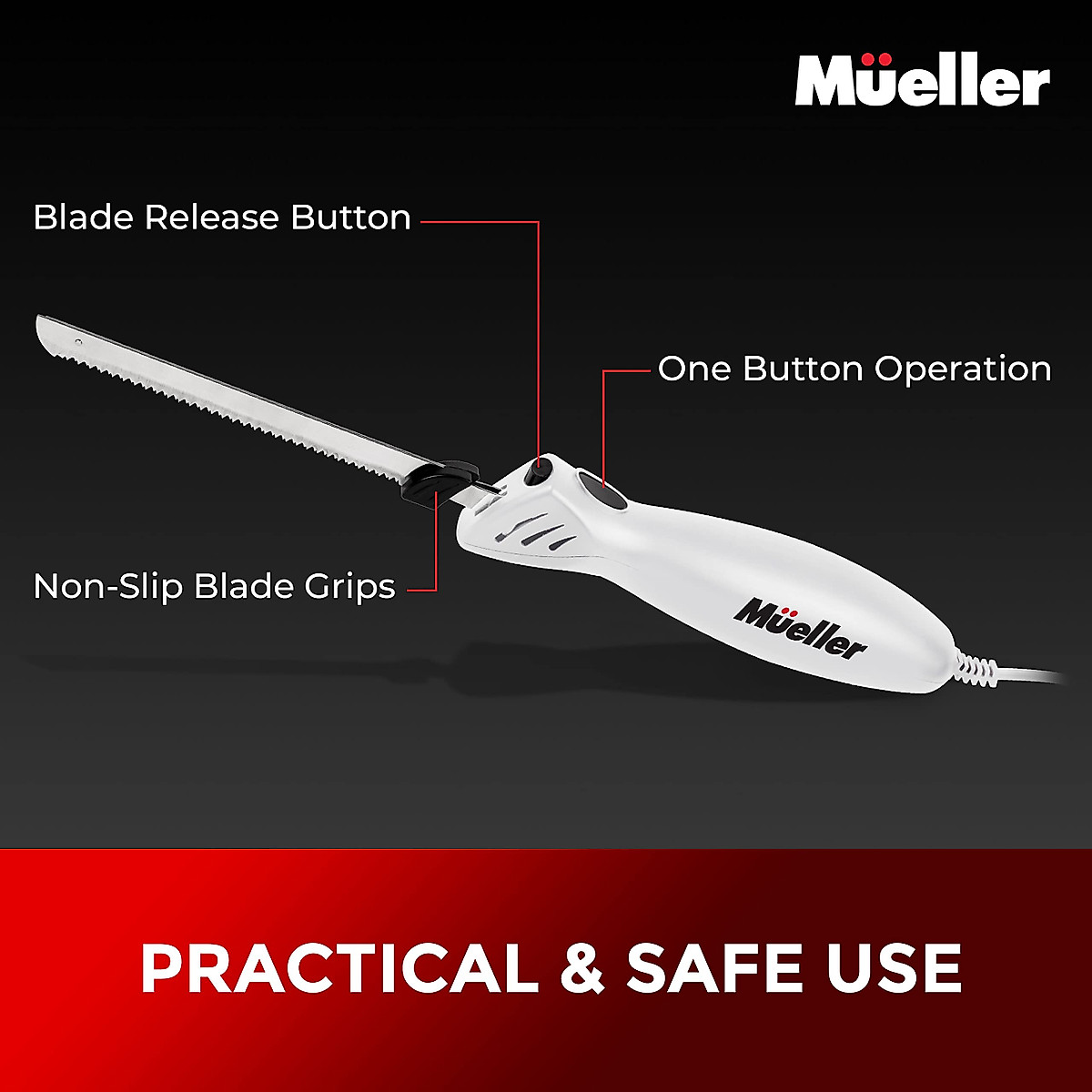 Mueller Ultra-Carver Electric Knife for Carving Meats, Poultry, Bread, Crafting Foam. Stainless Steel Blades, Powerful Motor, Ergonomic Handle, One-Touch On/Off Button, Serving Fork Included, White
