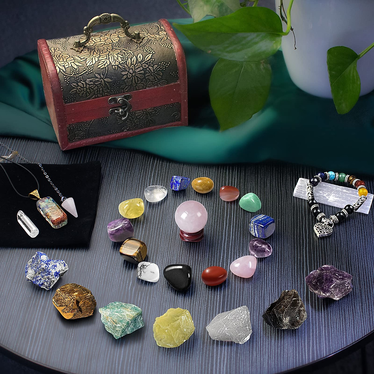 Healing Crystals Set 28 Pcs Real Crystals and Healing Stones Kit, Energy Crystals for Beginners Meditation Yoga, 14 Natural Tumbled Crystals and 7 Raw Chakra Stones, Crystal Ball, Pendulum, Selenite