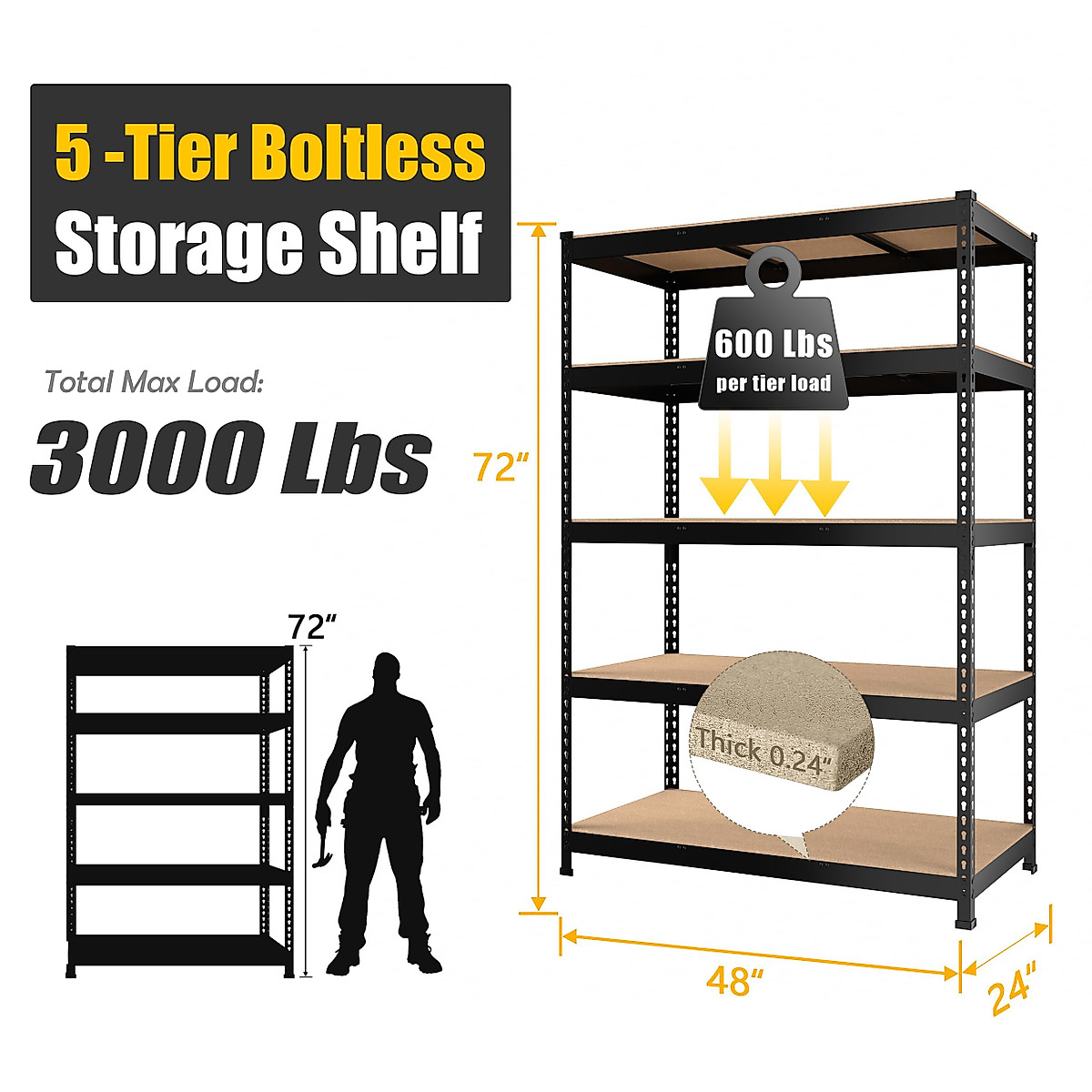 PrimeZone 48" x 24" x 72" Heavy Duty Storage Shelves - 5 Tier Adjustable Garage Storage Shelving, Metal Storage Utility Rack Shelf Unit for Warehouse Pantry Closet Kitchen, Black