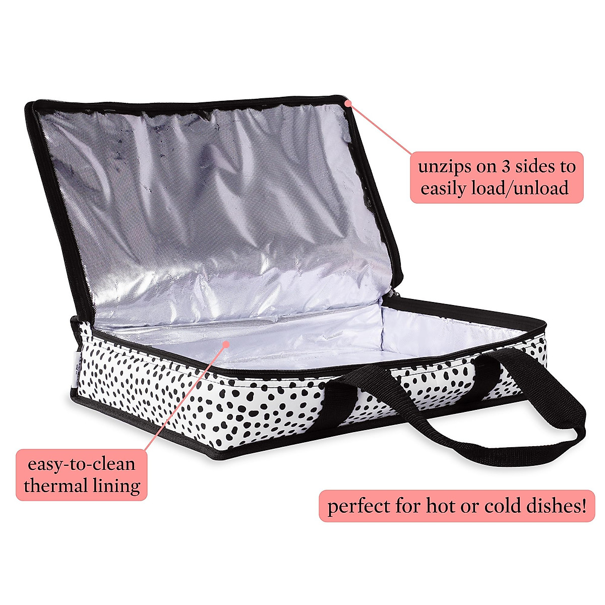 Steel Mill & Co Casserole Carrier for Hot or Cold Food, Fits 9”x13” Glass Baking Dish with Lid, Insulated Food Carrier for Picnics, Cookouts, and Potlucks, Black Dots