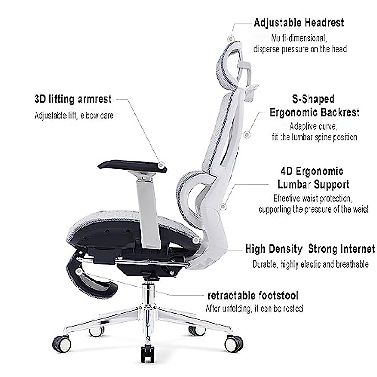 Ergonomic Office Chair, Mesh Computer Chair, Home Office Desk Chair, Task Chair with Lumbar Support, 90°-165° Tilt Angle, Adjustable Headrest & Armrest, 360° Rotation Chair (Color : Black-Without Foo