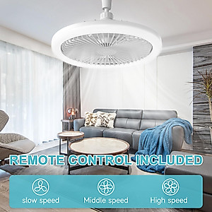 Ceiling Fan with Lights and Remote - Small Ceiling Fan Light 10 inch Bladeless Screw in Socket Fan Dimmable 3 Colors LED Lights E27 Base Mini Fandelier Ceiling Fan for Bedroom Kitchen Indoor White