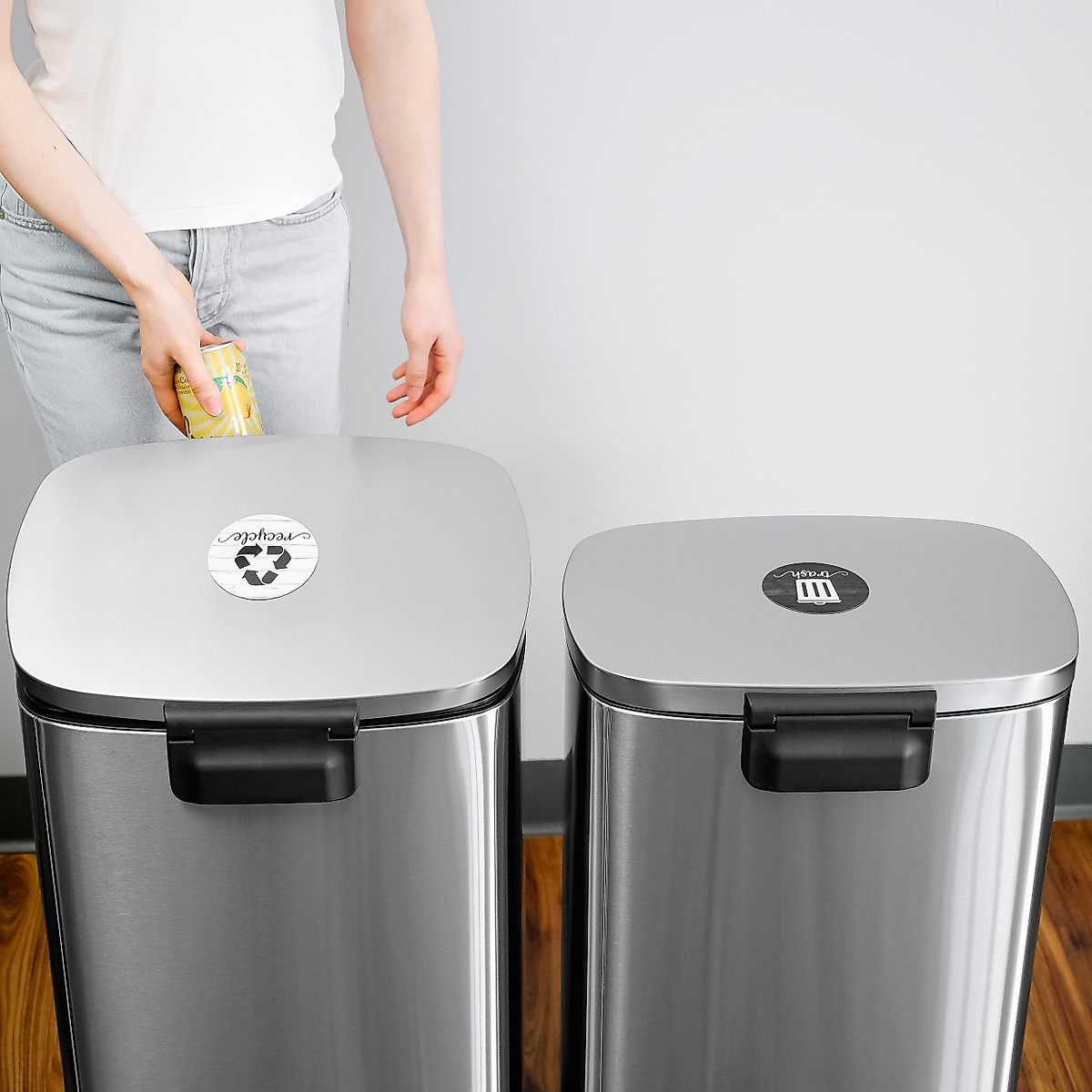 Rustic Trash Recycle Magnets for Kitchen Trash Can and Recycle Bin, Farmhouse Garbage Can Logo Symbol Magnet, 3.5 Inch Recycle Magnet for Trash Can with 4 Adhesives, Made in USA, Combo Wood