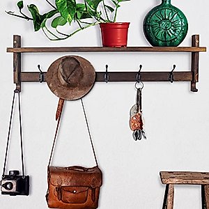 Kumebon Shelf with Hooks, 28.9 Inches Wall Shelf with Hooks, Coat Rack with Shelf with 5 Dual Hooks, Rustic Entryway Shelf with Hooks, Brown Coat Rack Wall Mount