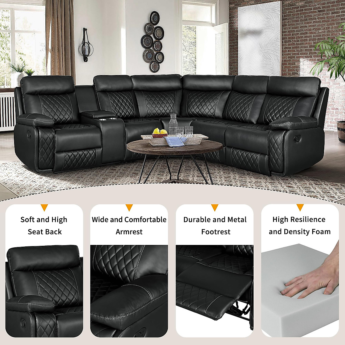 Modern Manual Reclining Motion Sectional Sofa ,5 Seaters Corner PU Leather Upholstered Recliner Sofa & Couch Curved L-Shaped Couch W/ Console Storage and 2 Cup Holders for Living Room Furniture Sets