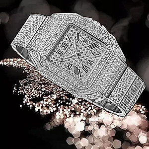 PINTIME Mens Full Iced Out 43mm Big Face Bling Luxury Crystal Square Watches Fashion Hip Hop Jewelry Watch for Men