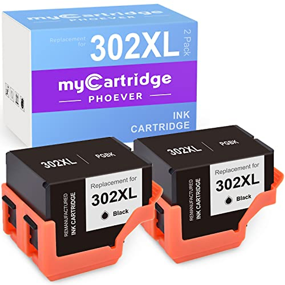 myCartridge PHOEVER 302 Ink Cartridge Remanufactured Replacement for Epson 302XL 302 XL Ink for Expression Premium XP-6000 XP-6100 Printer (2 Black)