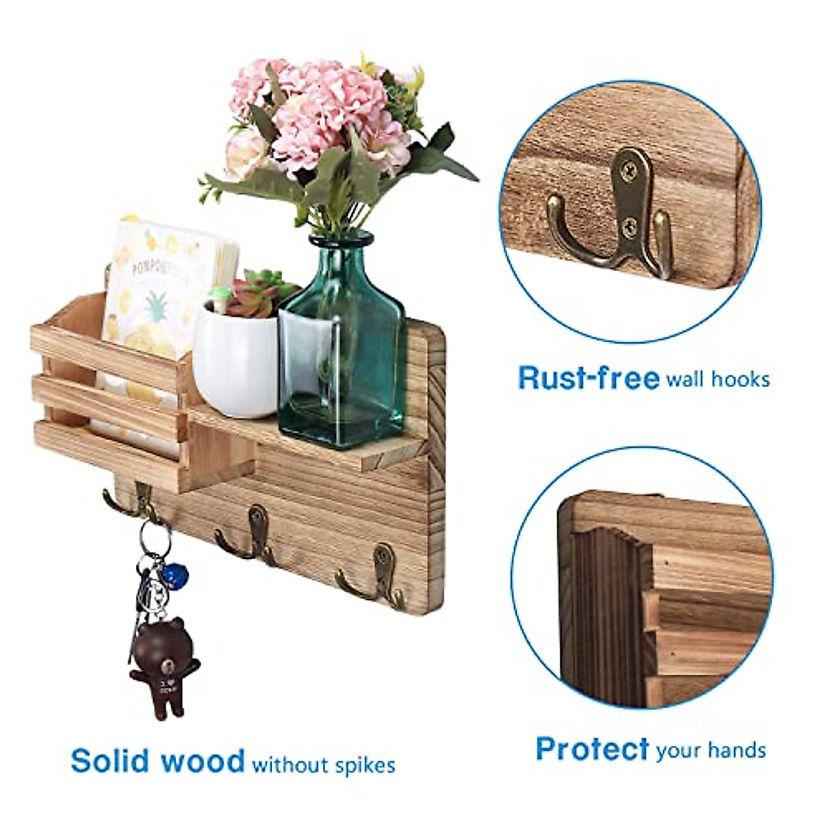 TocTen Key Hooks, Solid Wooden Key Holder for Wall Decorative, Wall Mounted Keys and Mail Organizer with 3 Metal Key Rack, Mail Organizer for Entryway, Front Door, Hallway (Light Brown)