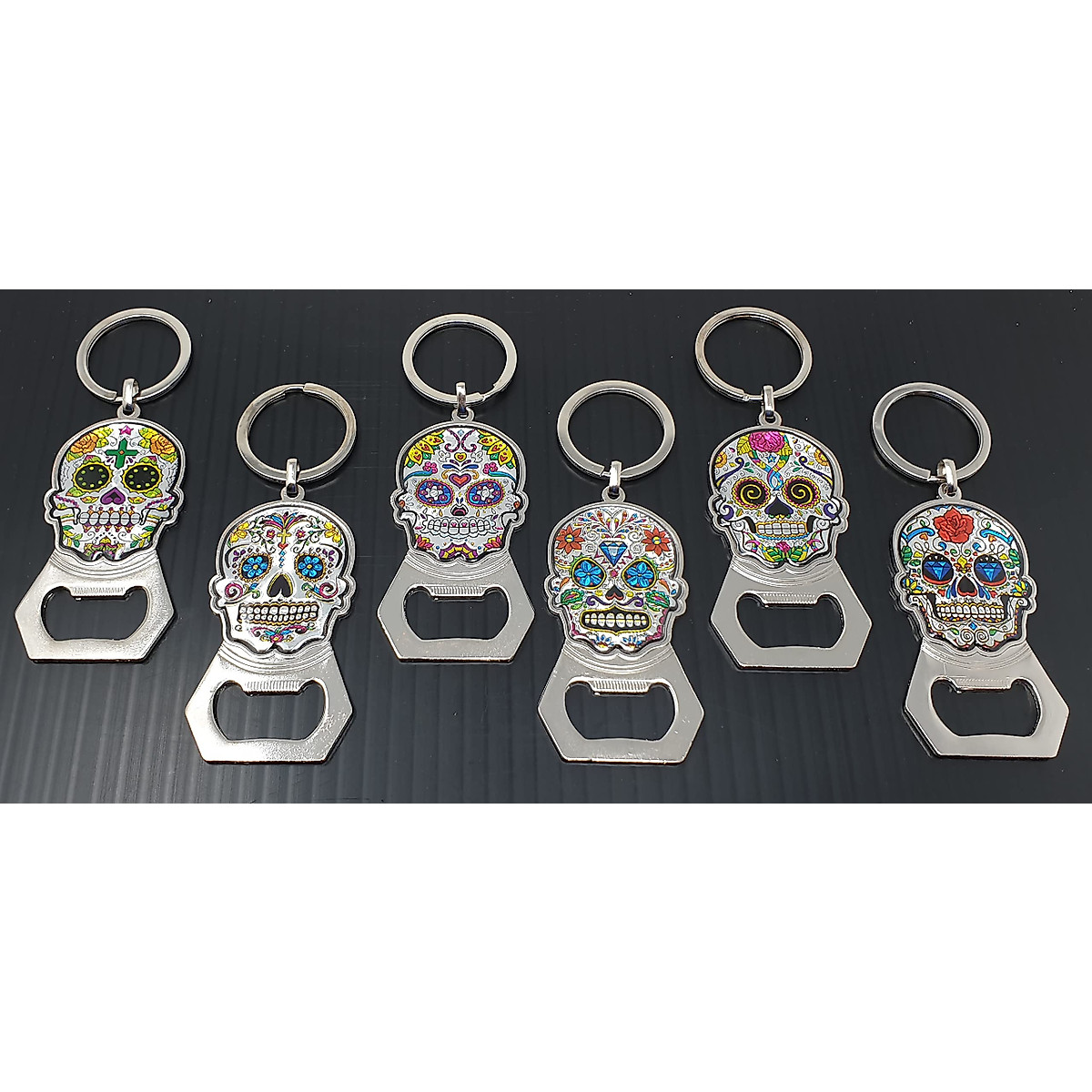 Arimex Day of the Dead Sugar Skull Keychain Bottle opener 12 Pcs. Mexican party favor Dia de los muertos sugar skulls key chains beer bottle opener. (Sugar Skull 3) (SK1)