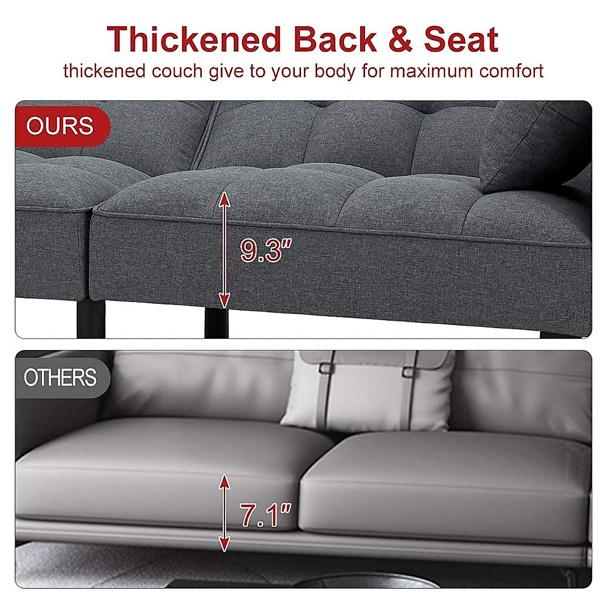 HOMHUM Modern Linen Convertible Futon Sofa Bed Folding Couch Recliner Adjustable Back with Arm Set for Living Room, Grey