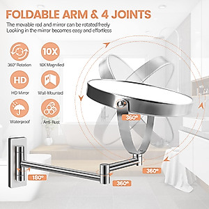 MIRRORMORE 8” Large Wall Mounted Makeup Mirror, Two-Sided 1X/10X Magnifying Mirror Extendable Long Arm, 360°Swivel Flexible HD Shower Mirror Fogless for Shaving, Fully Senior Nickel Bathroom Mirror