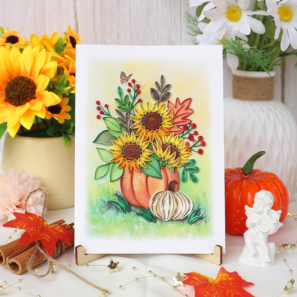 Thanksgiving Card - Sunflowers Vase Greeting Card, Quilling Fall Thank You Card, Seasons Greetings Card, Happy Thanksgiving Card for Husband, Wife, Parents, Friends, Granddaughter, Blank Inside