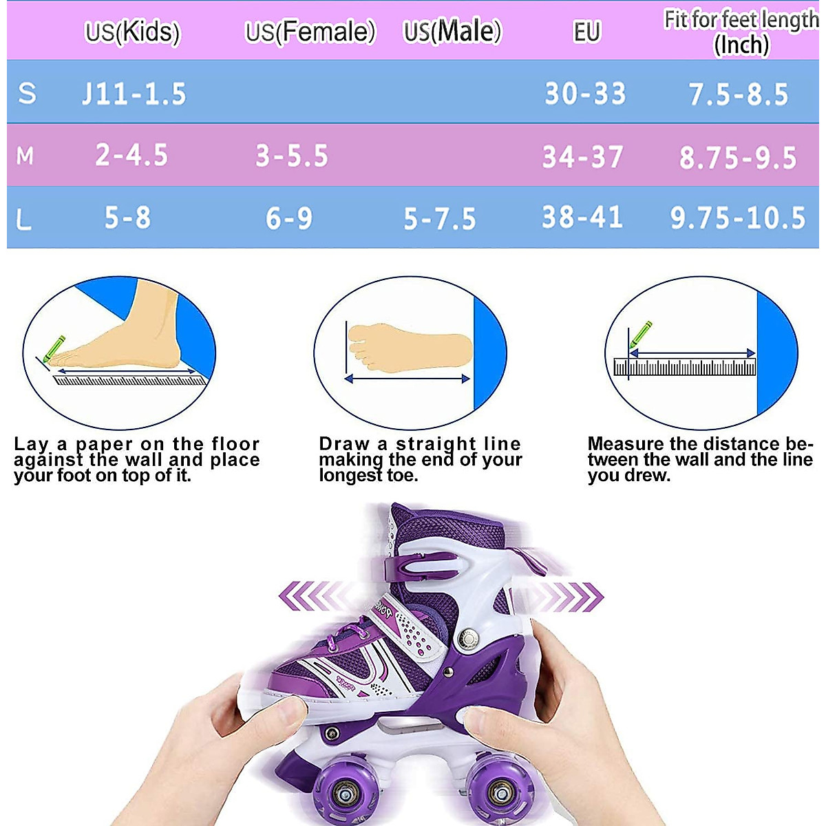 Roller Skates for Kids, Adjustable Size Double Roller Skates, with All Wheels Light up, Fun Illuminating for Girls Boys for Kids, Rollerskates for Kids Beginners, Medium（2-5）, Purple