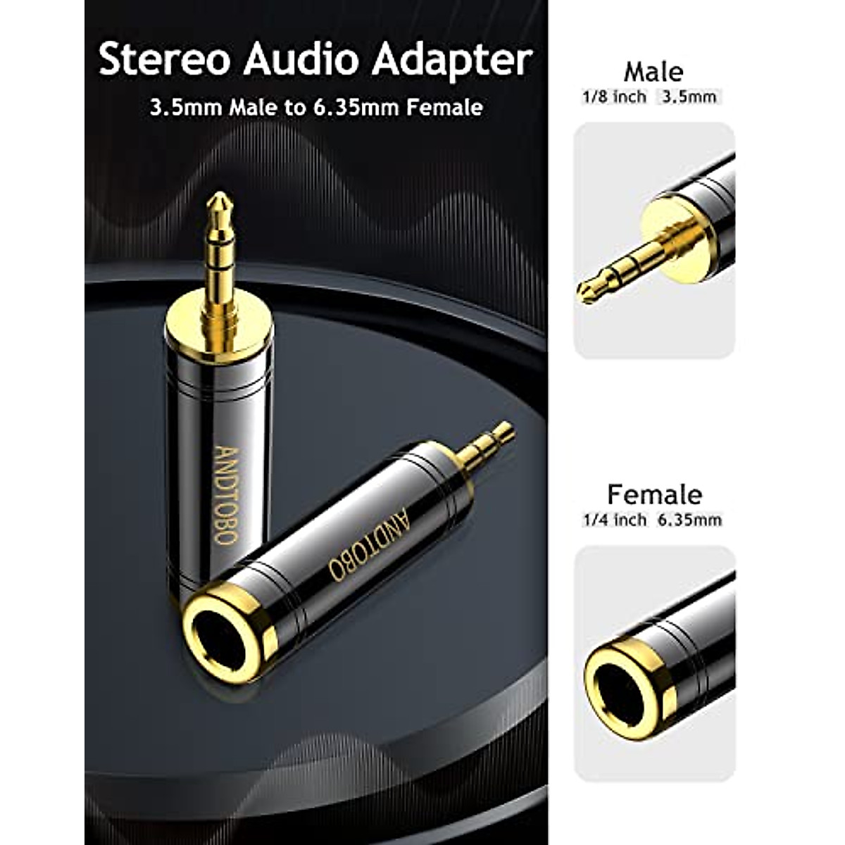 ANDTOBO 3.5mm Male to 1/4'' Female Stereo Pure Copper Headphone Adapter,3.5mm(1/8'') Plug Male to 6.35mm (1/4'') Jack Female Stereo Adapter for Headphone, Amp Adapte, Black 1-Pack