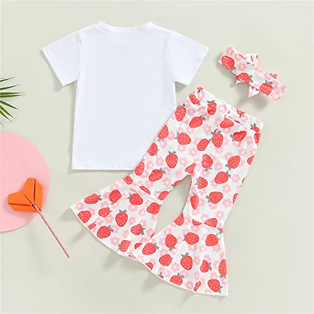 Toddler Kids Baby Girl Summer Outfit Strawberry Print Short Sleeve T-Shirt Tops Flare Pants Headband 3pcs Clothes (White Strawberry,12-18M)