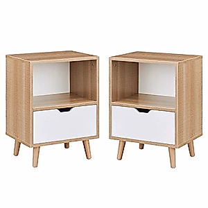 Wind Modern Wooden Bedroom 2-Tier Nightstand End Side Table with Open Shelf, 4 Anti-Slip Rubber Padded Legs, & 1 Storage Drawer, Tan, Set of 2