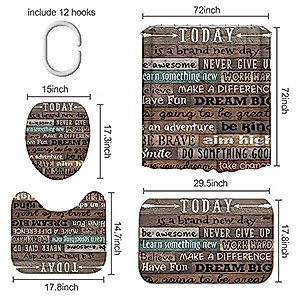 4 Pcs Inspirational Quotes Shower Curtain Set with Non-Slip Rugs, Toilet Lid Cover and Bath Mat, Motivational Words Rustic Wooden Cabin Shower Curtain Bathroom Waterproof Polyester Fabric, 72" x 72"