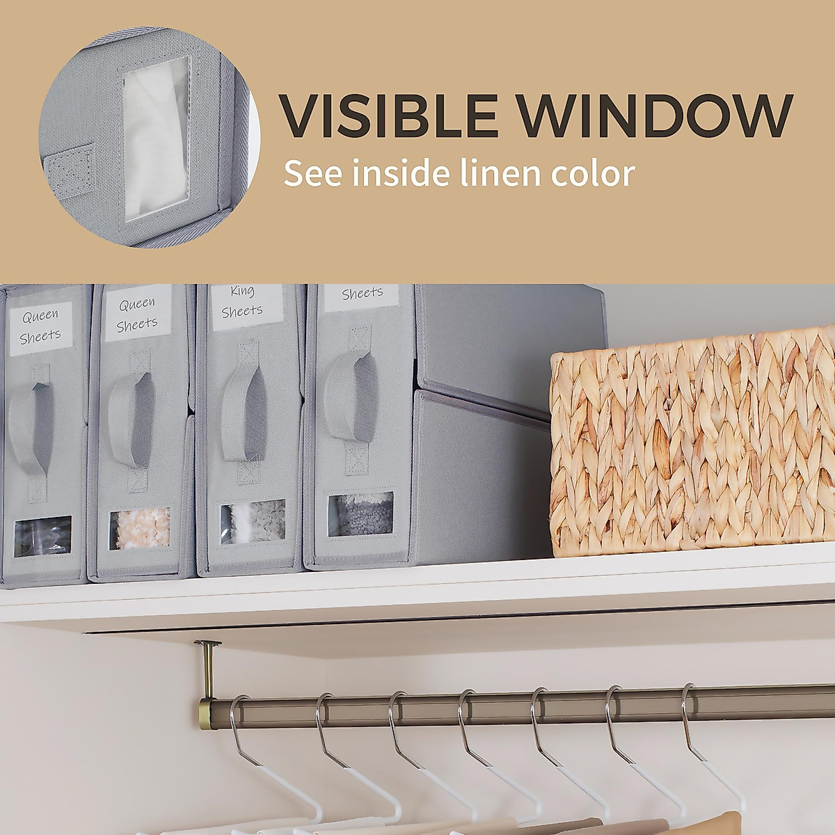 JS HOME 4 Pack Bed Sheet Organizers and Storage Foldable Box for Linen Closet, Oxford Cover (Queen & King Size) Bedding Set Containers for Blanket Comforter Pillow Cube with Window and Handle, Grey