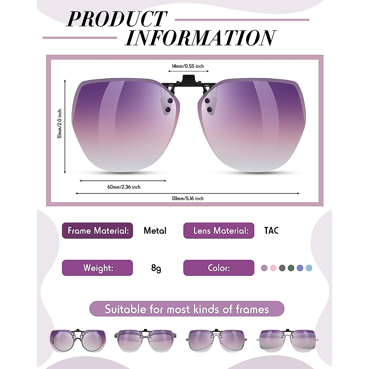 Weewooday 6 Pairs Polarized Polygon Style Clip On Sunglasses Flip Up Driving Clip on Glasses for Outdoors Indoors Men Women, 6 Colors