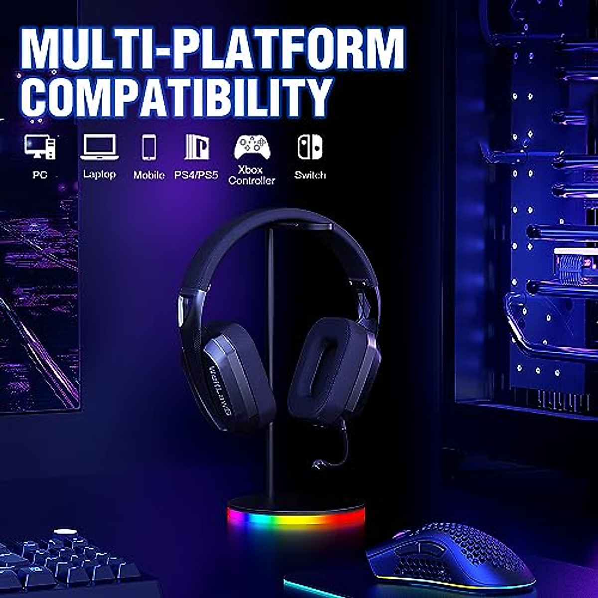 WolfLawS TA3000 Wireless Gaming Headset for PC, PS5, PS4, Switch, Mac, Bluetooth USB Over-Ear Headphones with Detachable and Built-in Mics, Noise Isolation, Low Latency, Lightweight