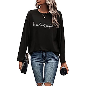 SweatyRocks Women's Crewneck Letter Graphic Loose Long Sleeve T-Shirts Spring Simple Casual Comfy Tee Tops Shirts Black XL
