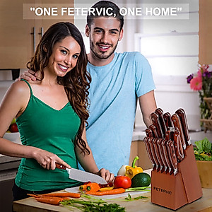 FETERVIC Knife Set -16 PCS High Carbon Kitchen Knife Sets Wooden Block with Chef Knife, 6 Pieces Steak Knives, Bread Knife, Sharpener Rod and Kitchen Scissors - Best Gift