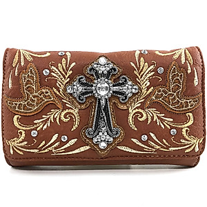 Justin West Embroidery Hummingbird Autumn Floral Design Rhinestone Cross Wristlet Trifold Wallet Attachable Long Strap (Turquoise)