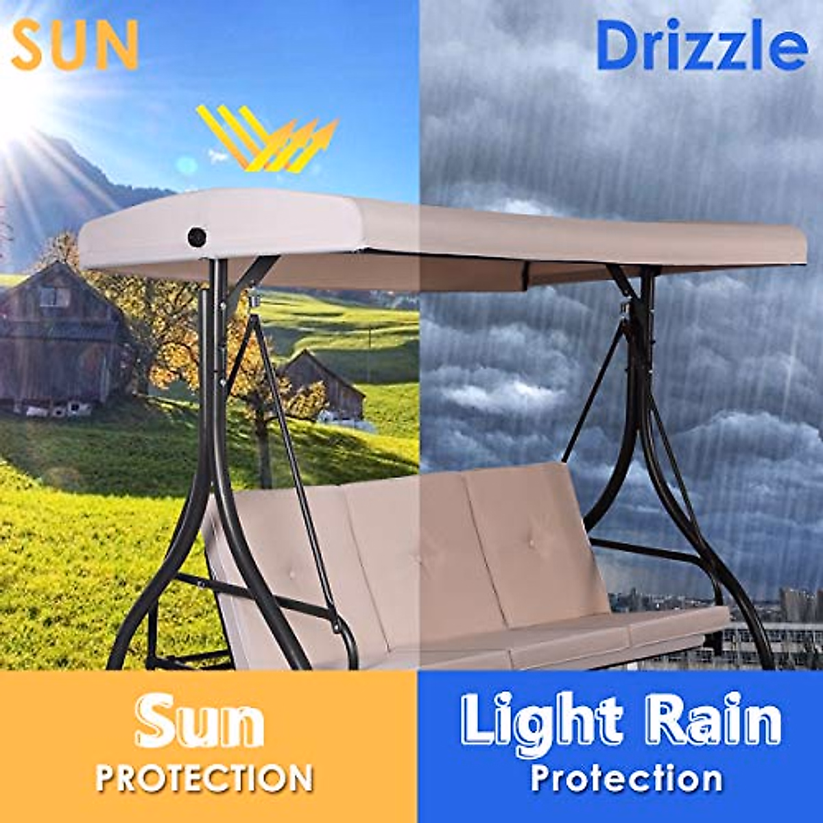 Tangkula 3 Seats Converting Patio Swing, Outdoor Porch Garden Canopy Swing with Comfortable Cushion Seats & Adjustable Tilt Canopy, Heavy Duty Hammock 3 Persons Porch Swing (Beige)