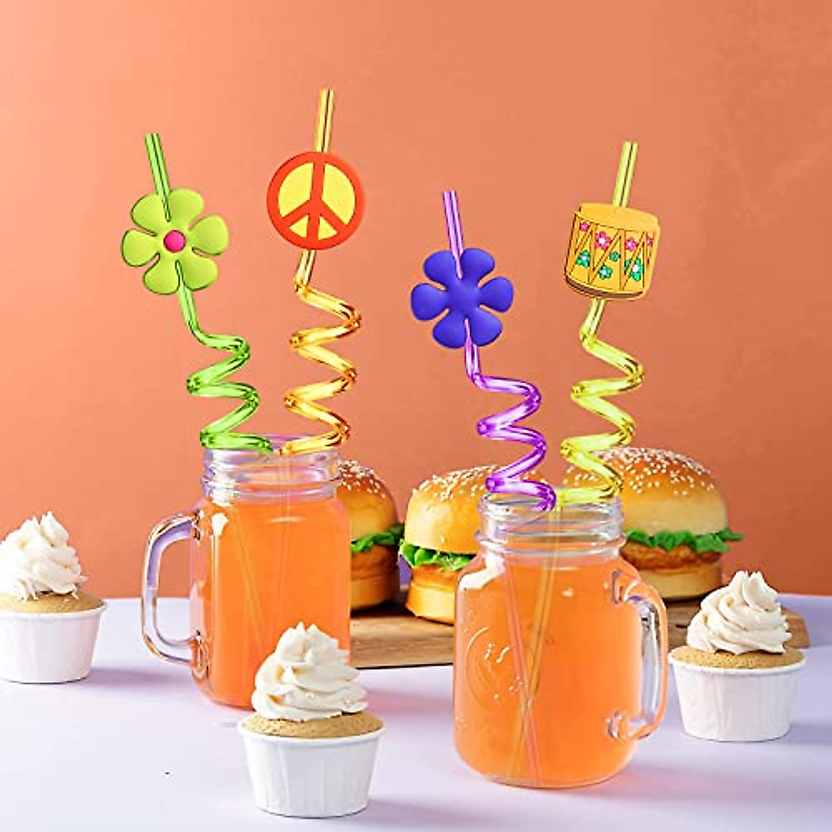 24 60's Hippie Theme Party Favors Retro Flower Cutouts Peace Drinking Straws for 60s Groovy Party Supplies Tie Dye Birthday Party Supplies with 2 PCS Straws Cleaning Brush