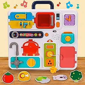 Kitchen Busy Board for Toddlers 1-3 Travel Toys Light Up Musical Baby Toys 12-18 Months Toddler Toys Age 1-2 2-4 Autism Children Sensory Montessori Fine Motor Skills Car Seat Toys for 1 Year Old