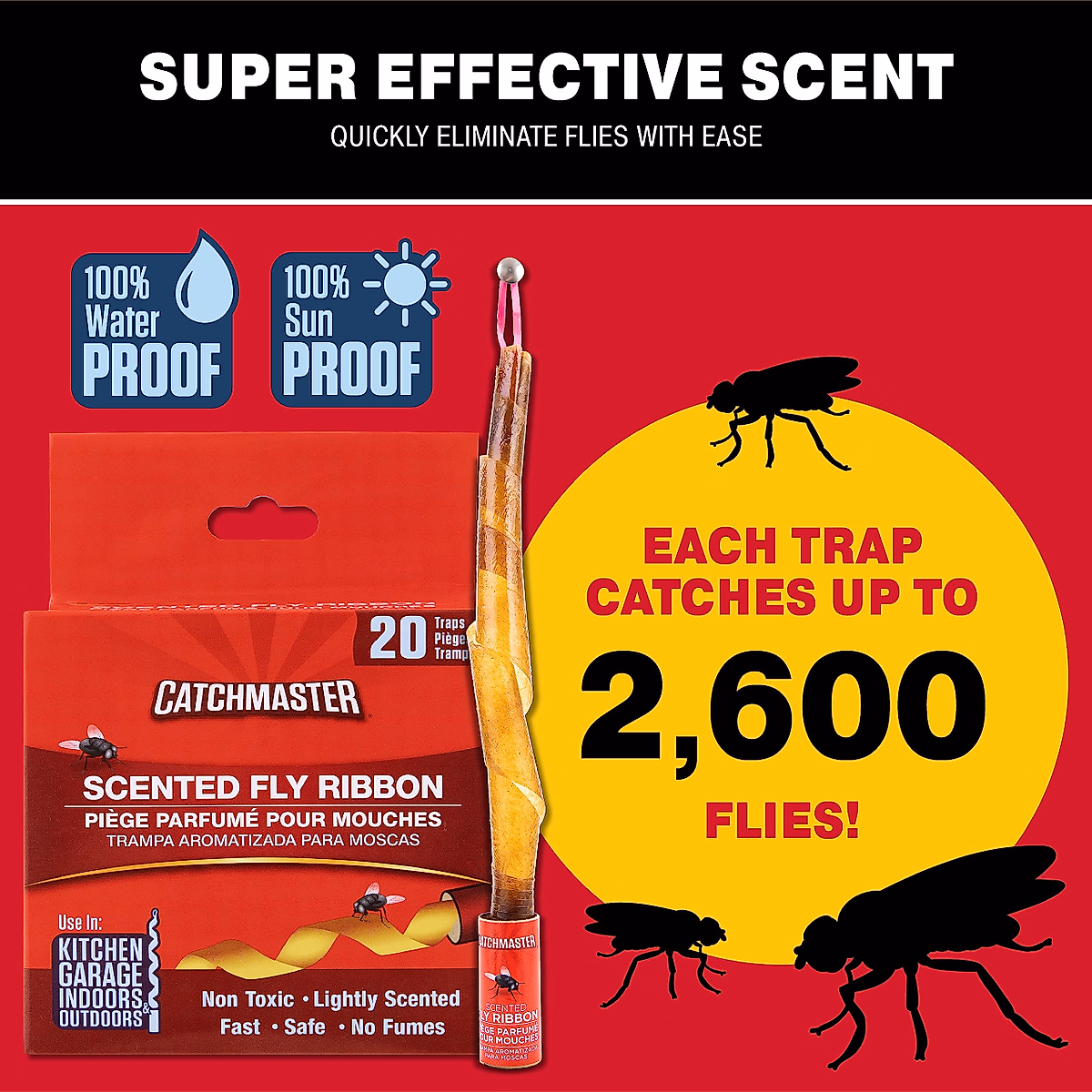 Catchmaster Fly Trap Bundle, Window Fly Traps 12-Pack & Fly Ribbon 20-Pack, Bug & Fly Traps for Indoors and Outdoors, for Garage, Backyard, Pool, & Patio
