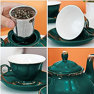 CHENP.HMC Tea Set 22-Piece Porcelain Ceramic Coffee Tea Gift Sets Cups Saucer Service for 6 Teapot Sugar Bowl Creamer Pitcher and Teaspoons Porcelain Tea Set for Mother's Day(WITHOUT Mug Hooks)