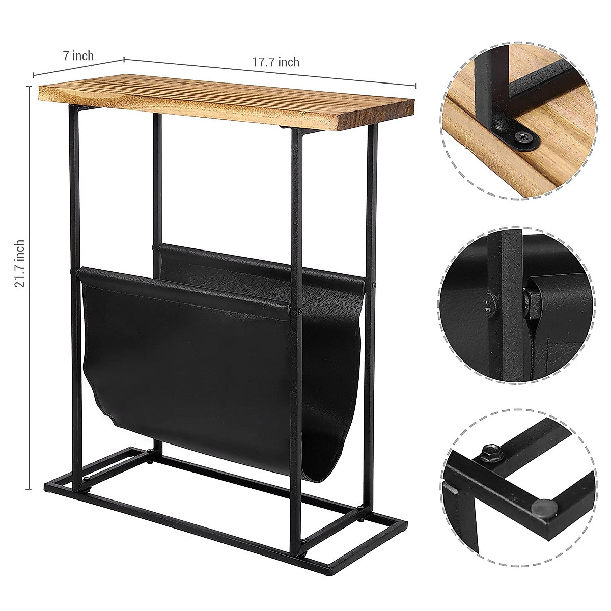 MyGift 21-Inch Modern Narrow Living Room End Table with Solid Burnt Wood Tabletop and Black Metal Frame, Bedroom Nightstand Side Table with Magazine Holder Sling