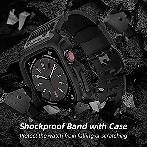 OUHENG Compatible with Apple Watch Band 45mm 44mm 42mm with Case, Men Rugged Sport Military TPU with Metal Pieces Strap with Bumper Cover for iWatch Series SE2 SE 9 8 7 6 5 4 3 2 1, Matte Black