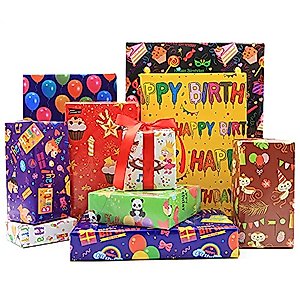 Birthday Wrapping Paper for Boys Girls Kids Women Adults,Baby Shower Gifts Wrapping Paper Set,10 Sheets Cartoon Theme 20 x 28 inches Folded Paper w/ Gift Tags and Red Ribbon for Happy Birthday Party Gift Wrap