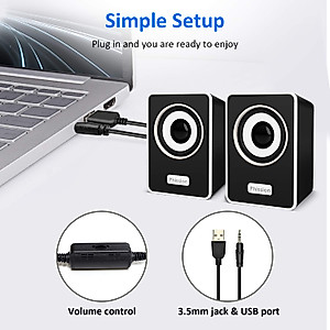 Computer Speakers, Phission Mini Speaker with Stereo Sound 6W USB Powered 3.5 mm AUX-in Portable Speaker for Computer, Laptop, Notebook, Desktop (Black)