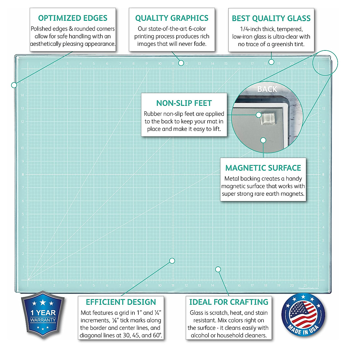 GLASSBOARD STUDIO Aqua Glass Craft Mat (13.5x18in) - Magnetic, Heat & Scratch Resistant, Stain-Proof for Crafting, Cutting, Painting, Mixed Media Artwork - Grid & Angle Lines, Non-Slip Feet