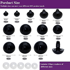 BESTCYC 1box(154pcs) 6/7/8/9/10/12/14/16/18/20/22/24mm Black Solid Plastic Safety Eyes Craft Safety Eyes DIY Eyes with Washers for Teddy Bear Doll Plush Animal Puppet Crafts