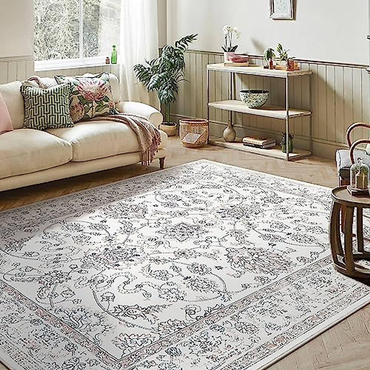 Area Rug Living Room Rugs - 5x7 Machine Washable Soft Farmhouse Boho Moroccan Floral Thin Rug Indoor Floor Carpet for Bedroom Under Dining Table Home Office Decor - Brown