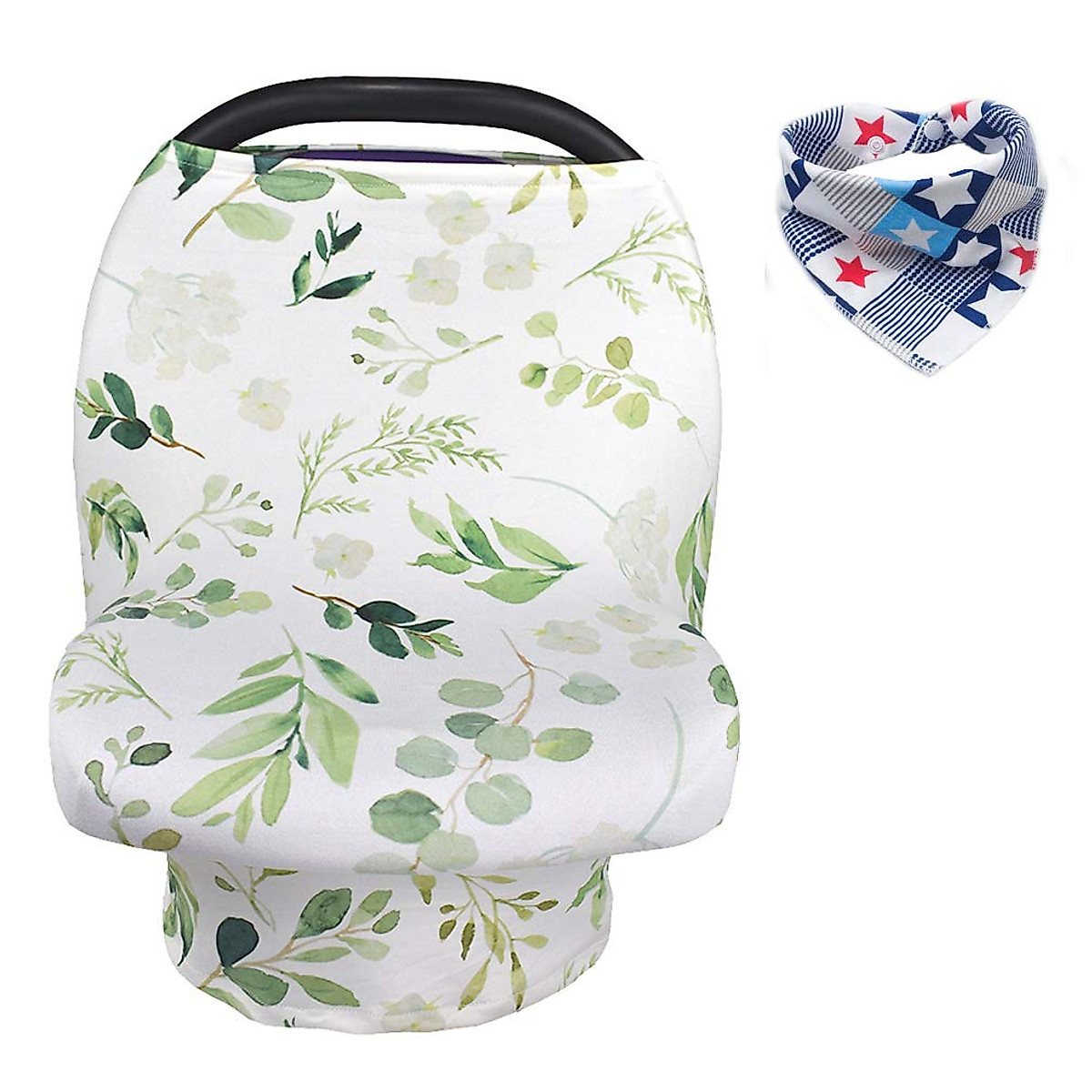 Baby Nursing Cover - Breastfeeding Scarf Carseat Canopy Stroller Cart Cover, Multi-Use Light, Soft, Stretchy, Spacious Car Seat Blanket for Girl and Boy + Unisex Bibs